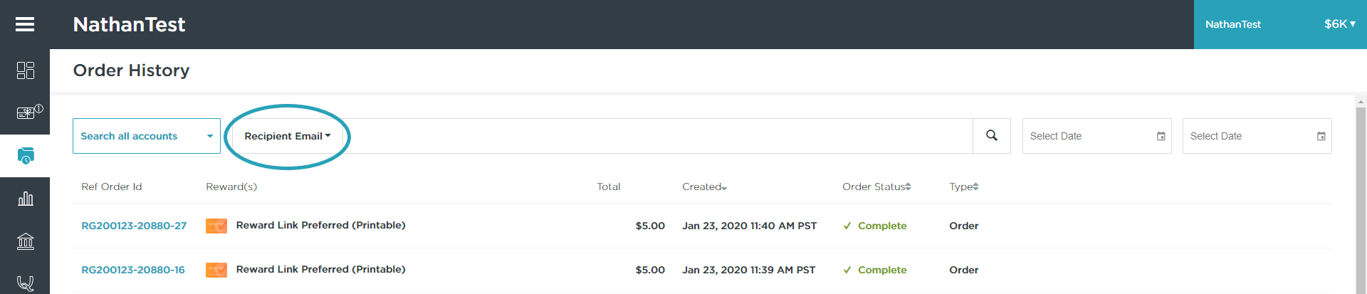 Reward Link Redemption History