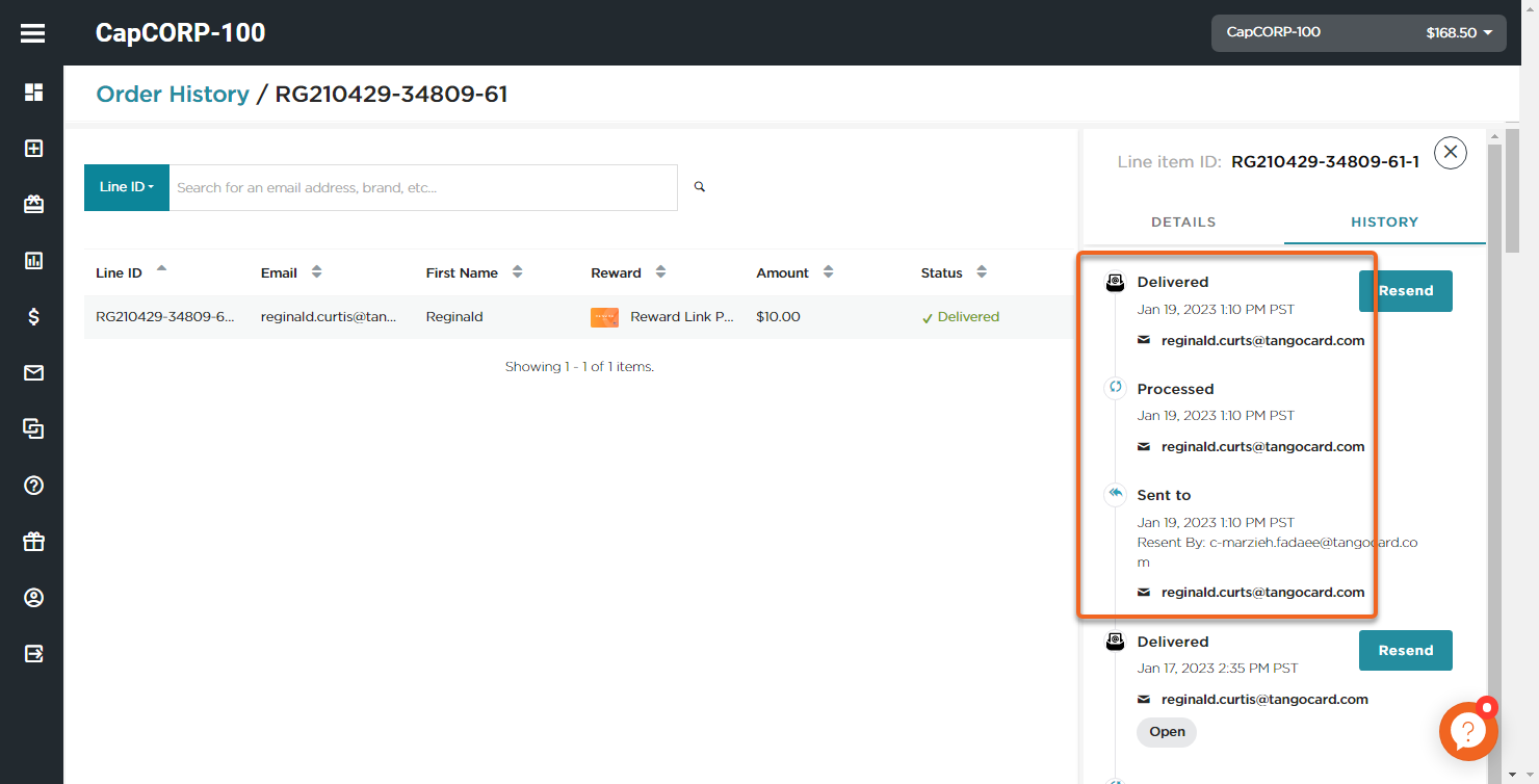 View Reward Link redemption history