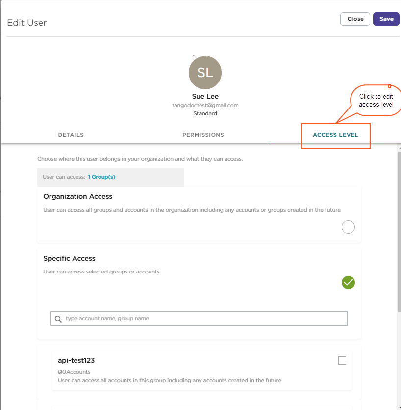Set user permissions and access level