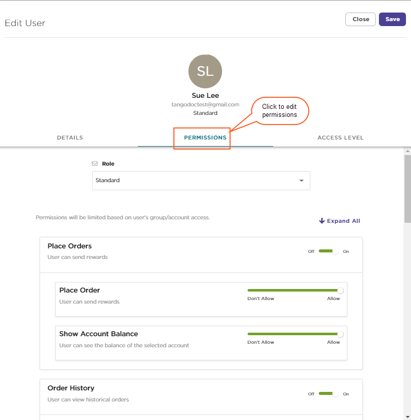 Set user permissions and access level