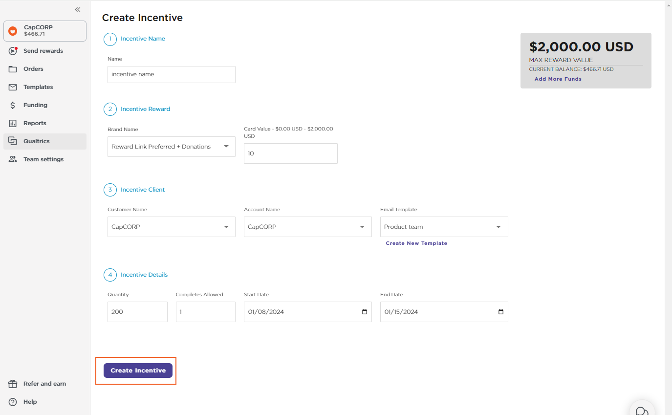 Step 2: Create a Qualtrics incentive in Tango